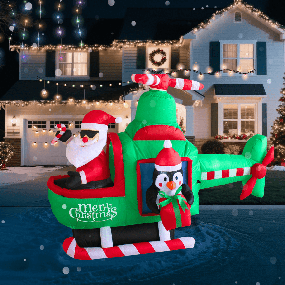6.5FT Christmas Inflatable Helicopter with Santa and Penguin Outdoor ...