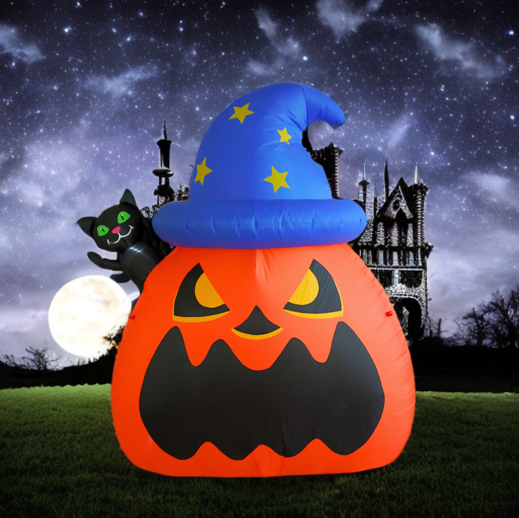 PTS 6FT Inflatable Wizard Pumpkin and Cat Outdoor Decoration, Hallowee ...